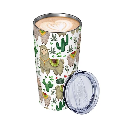 20oz Insulated Coffee Tumbler With Straw Stainless Steel Swig Tumblers,Travel Mugs Insulated For Hot And Cold,Reusable Thermal Water Bottle Cup For Car Camping Exercise(Llama Animal Cactus Floral )
