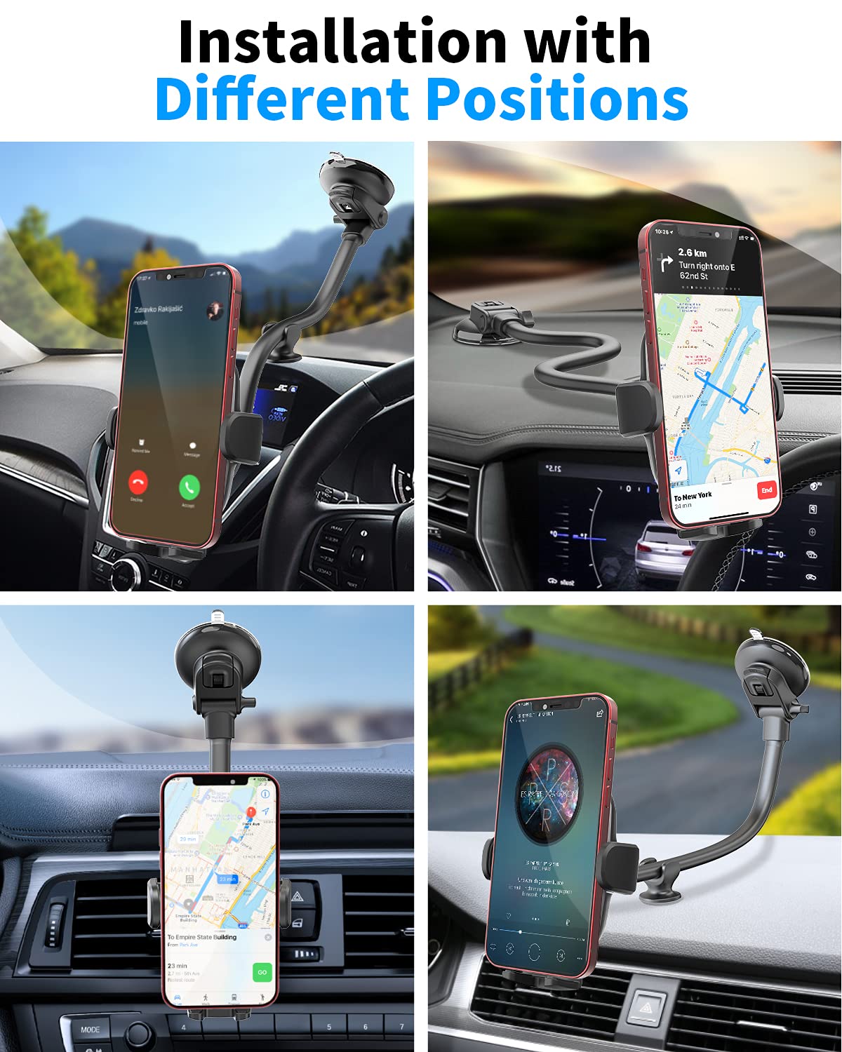 OQTIQ Suction Cup Phone Holder for Windshield/Dashboard, Phone Mount for Truck Car, 13-Inch Gooseneck Long Arm Sturdy Phone Mount with One Hand Operation, Compatible with All Phones