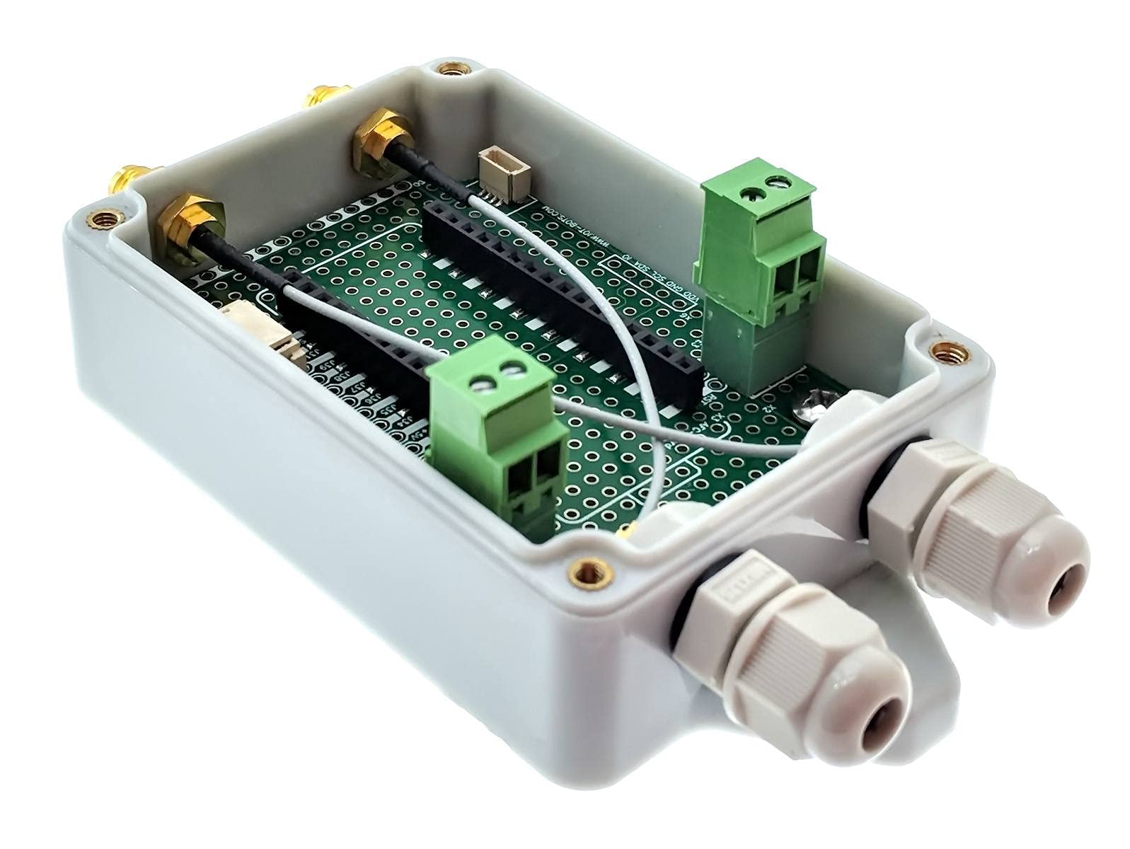 qBoxMini AFC DIY IOT Enclosure Kit (Two SMAs), IOT Enclosure for Feather ESP32 Cellular LoRa WiFi Arduino Board, Waterproof IP65 Enclosure with Glands, prototyping PCB connectors Set and Two SMAs