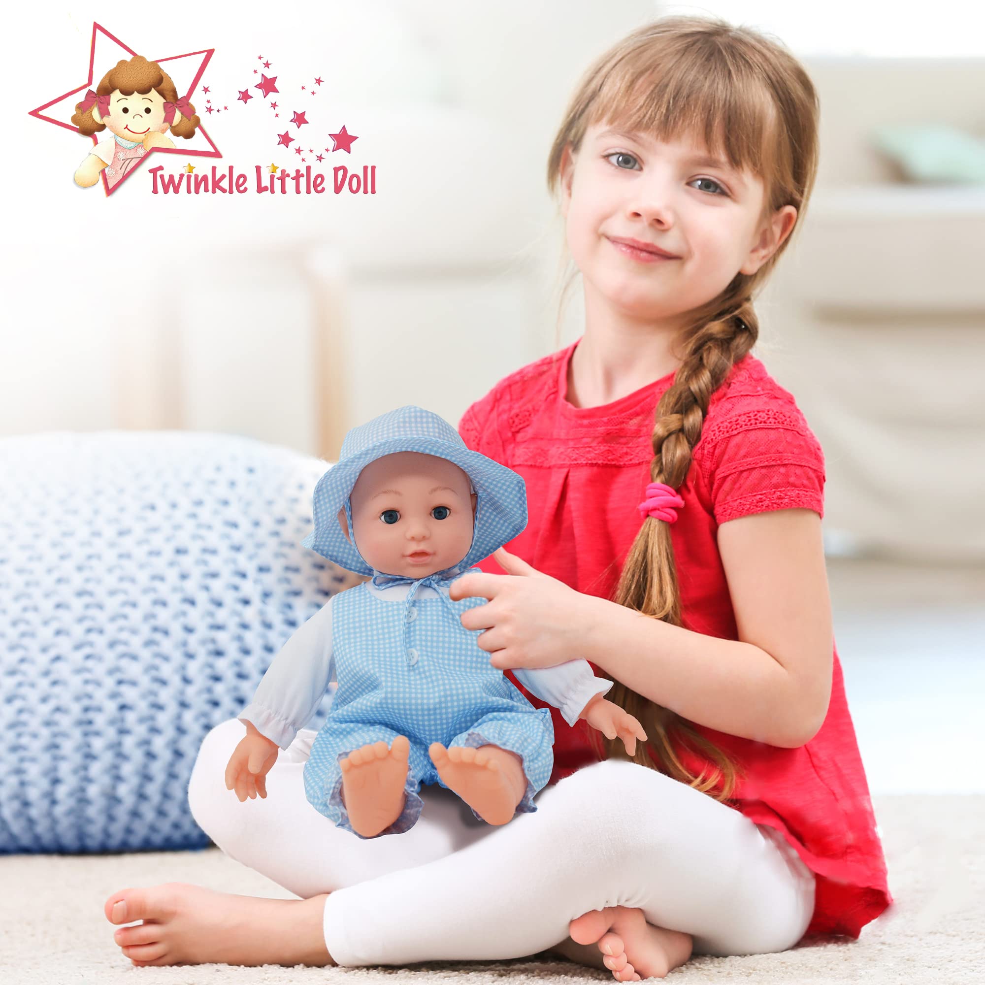 16 inch Realistic Baby Doll with Plush Body, Soft Vinyl Head & Extremities, Gingham Print Summer Outfit Bonnet Hat, Blinking Open & Close Eyes – Boxed 16” Kid’s Doll Gift for Toddler Girl, Boy (Pink)