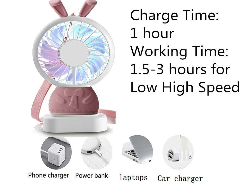 Alibuy Mini Handheld Table Fan USB Rechargeable Quiet Desk Fans,Battery Operated 2 Speeds with LED Colorful Lights for Hot Summer (Pink)