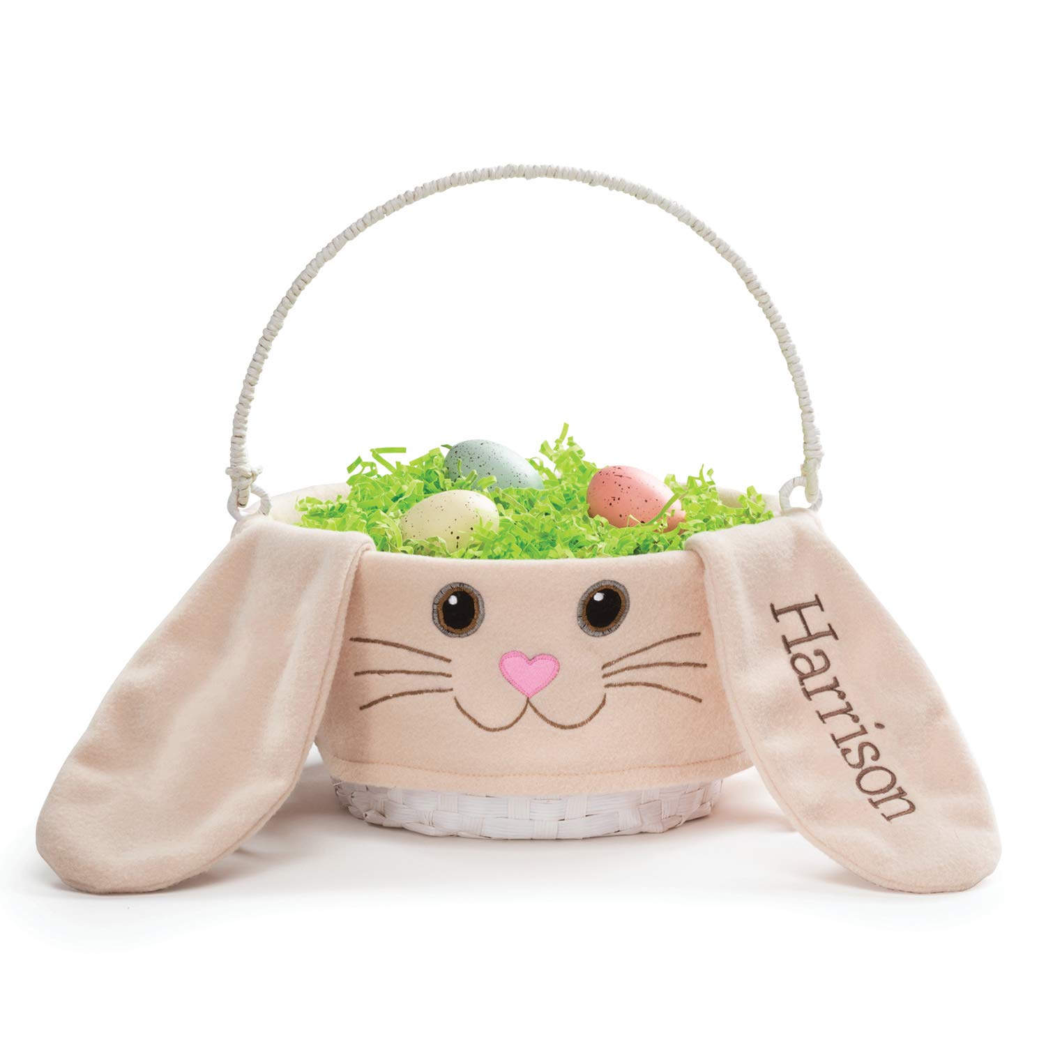 Personalized Easter Egg Basket with Handle and Custom Name in Brown Script | Floppy Ear Bunny Easter Basket Liners | White Basket | Woven Easter Baskets for Kids | Customized Easter Basket