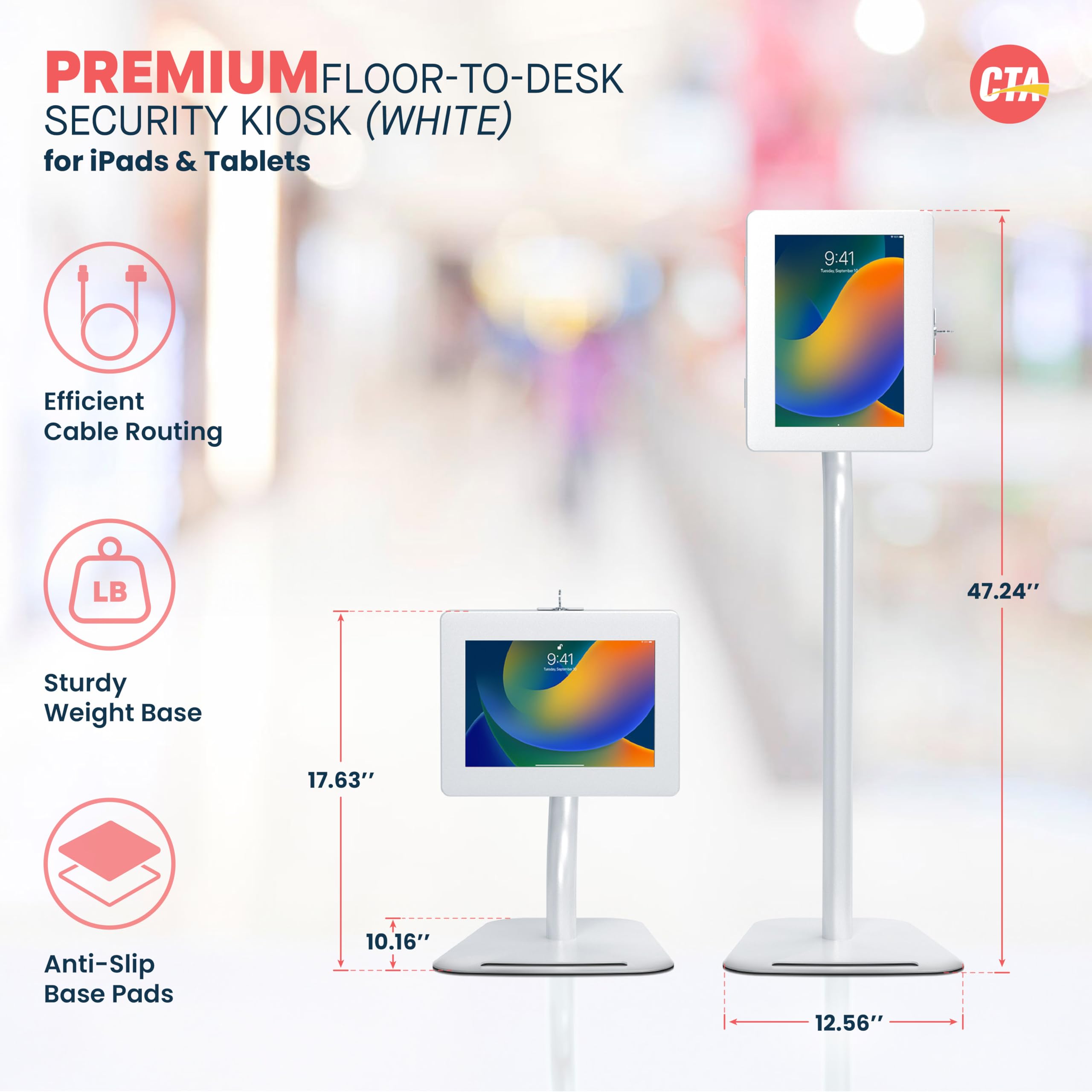 Anti-Theft Height Adjustable Kiosk Floor Stand CTA Secure Lockable Store Kiosk W/Height Adjustable Mechanism | for iPad 7/8/9 iPad Pro 11โ Inch Samsung & Microsoft Tablets - White (PAD-PARAFDW)