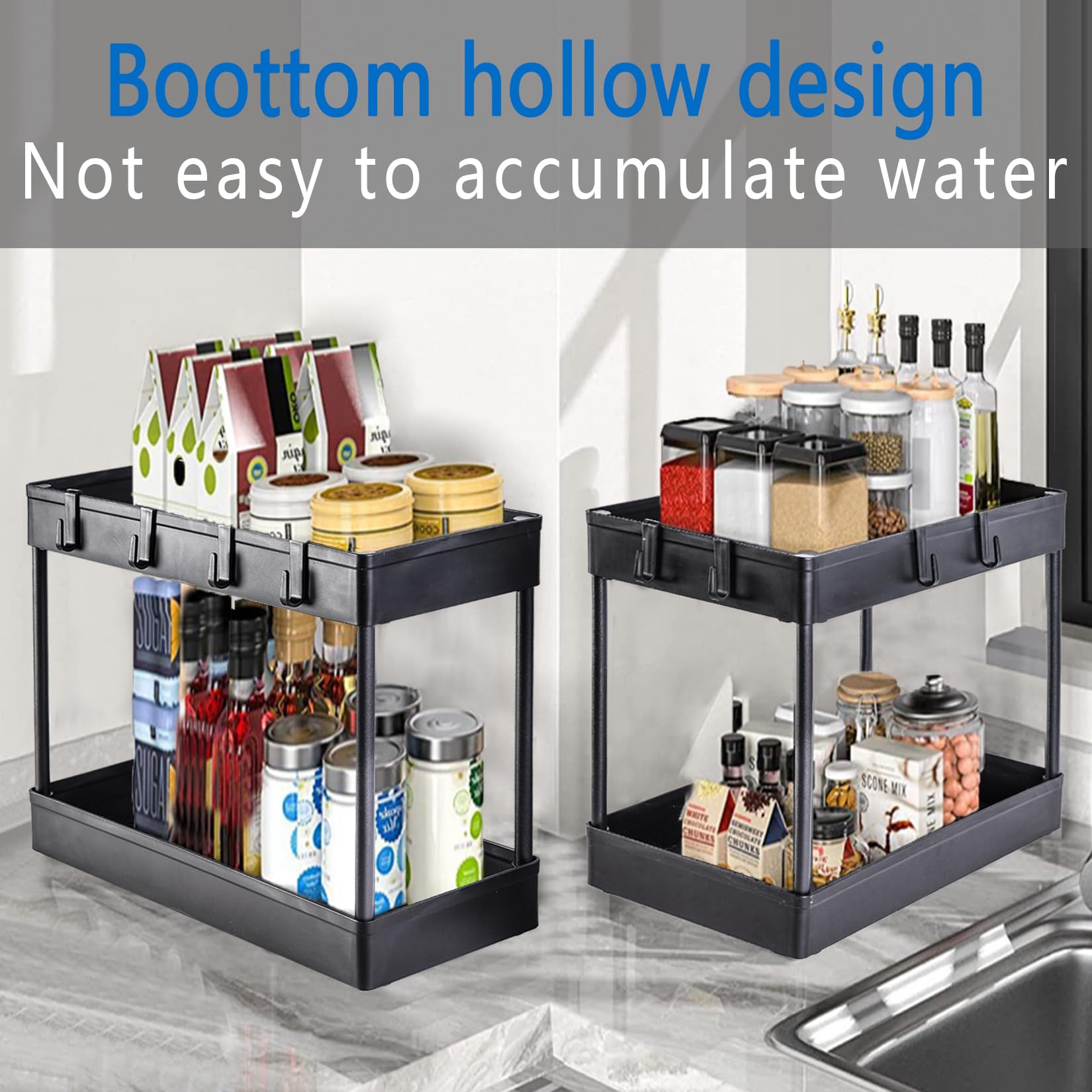 2 pcs under sink organizers and storage,2 Tier cabinet organizer,under sink organizer with 8 Hooks for Bathroom Kitchen,Black.