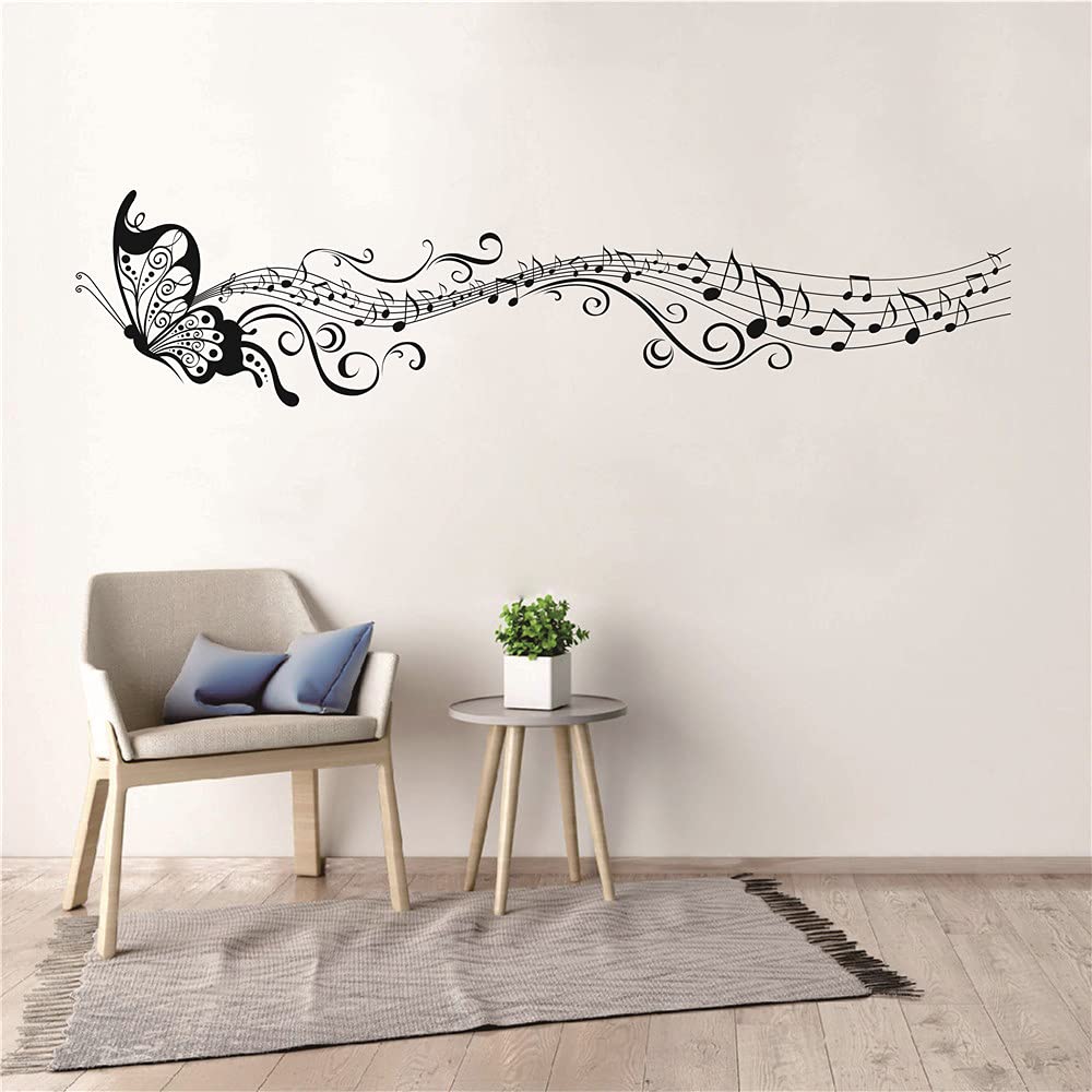 Removable Large Flying Butterfly Notes Music Wall Decor Sticker Kids Room Bedroom Butterflies Adhesive for Baby Nursery Room Vinyl Wall Mural TM-55 (Black)