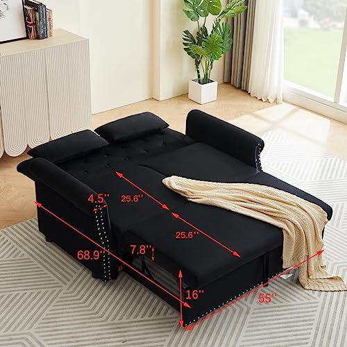 3 in 1 Sleeper Sofa Couch, Velvet Convertible Loveseat Sleeper with Adjustable Backrest, Pull Out Sofa Bed for Living Room Apartment, 55" Black