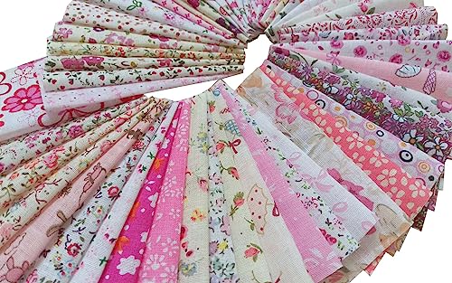 50PCS 4 X4 Inches Different Patterns Pink Cotton Craft Printed Fabric DIY Handmade Material Set Bundle Patchwork Squares for Home Crafts Sewing Scrapbooking Quilting