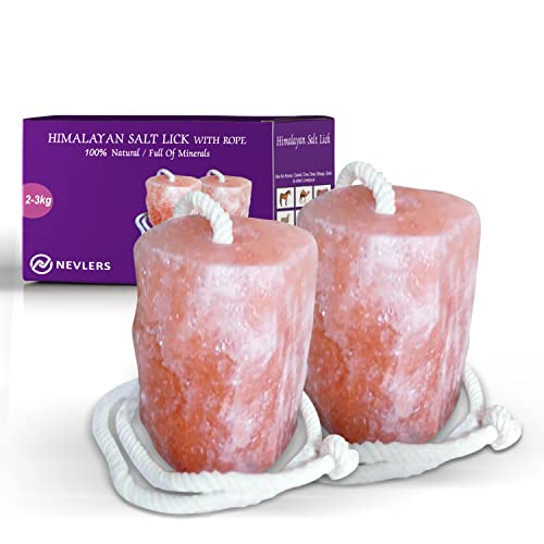 Nevlers 2 Pack Himalayan Salt Lick on Ropes for Animals -All Natural Pure Mineral Block - Himalayan Salt Block for Deer, Salt Block for Horses, Cows, & Other Livestock - 4.5-6 lbs Each
