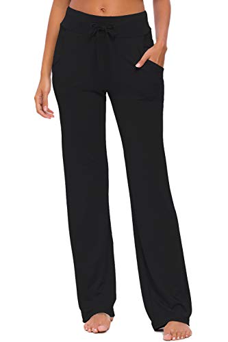ADANIKI Womens Yoga Pants with Pockets Straight-Leg Loose Comfy Modal Drawstring Lounge Running Long Active Casual Sweatpants (Black, XL)