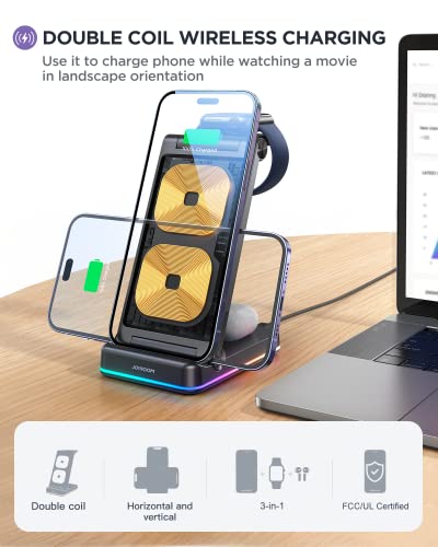 3 in 1 Wireless Charging Station, JOYROOM【Foldable & Double Coil】 Foldable Wireless Charger Compatible with iPhone15/14/13 Pro Max, Apple Watch Ultra/8/7/6/5, and Airpods Pro/2nd/3