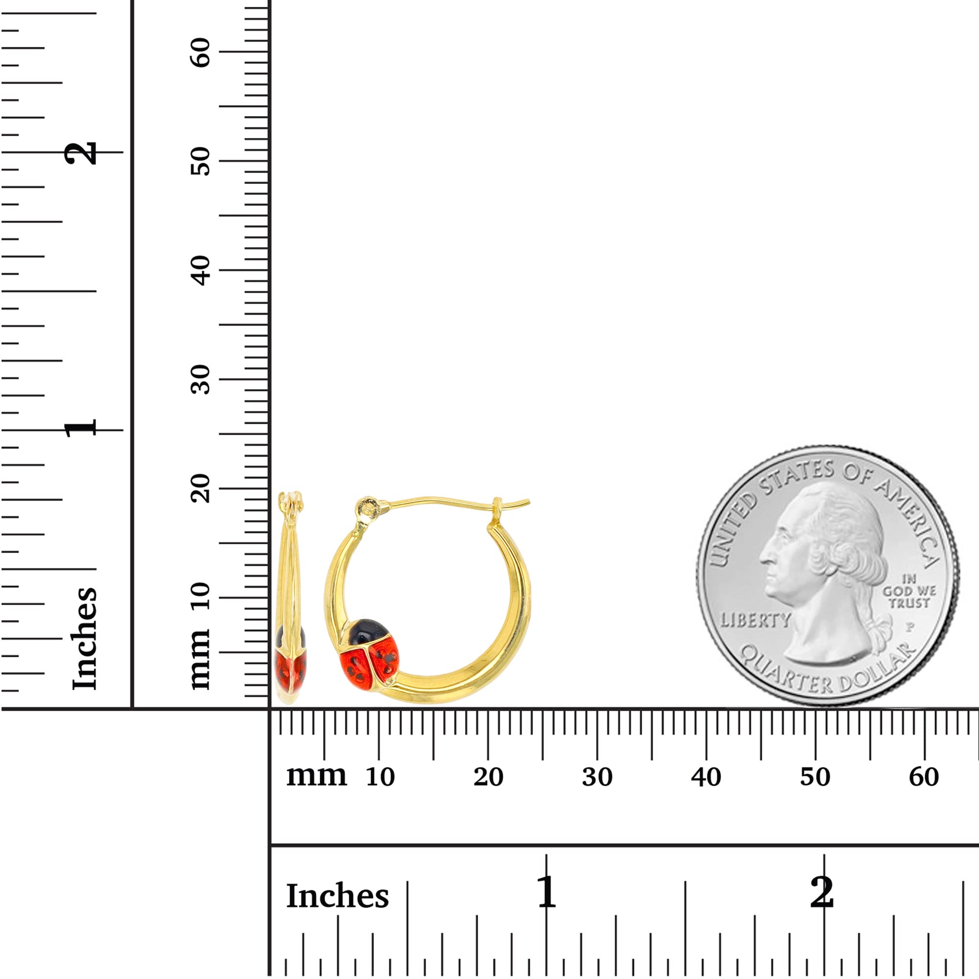 14K Yellow Gold Enamel Ladybug Hoop Earring, 2.50X18mm