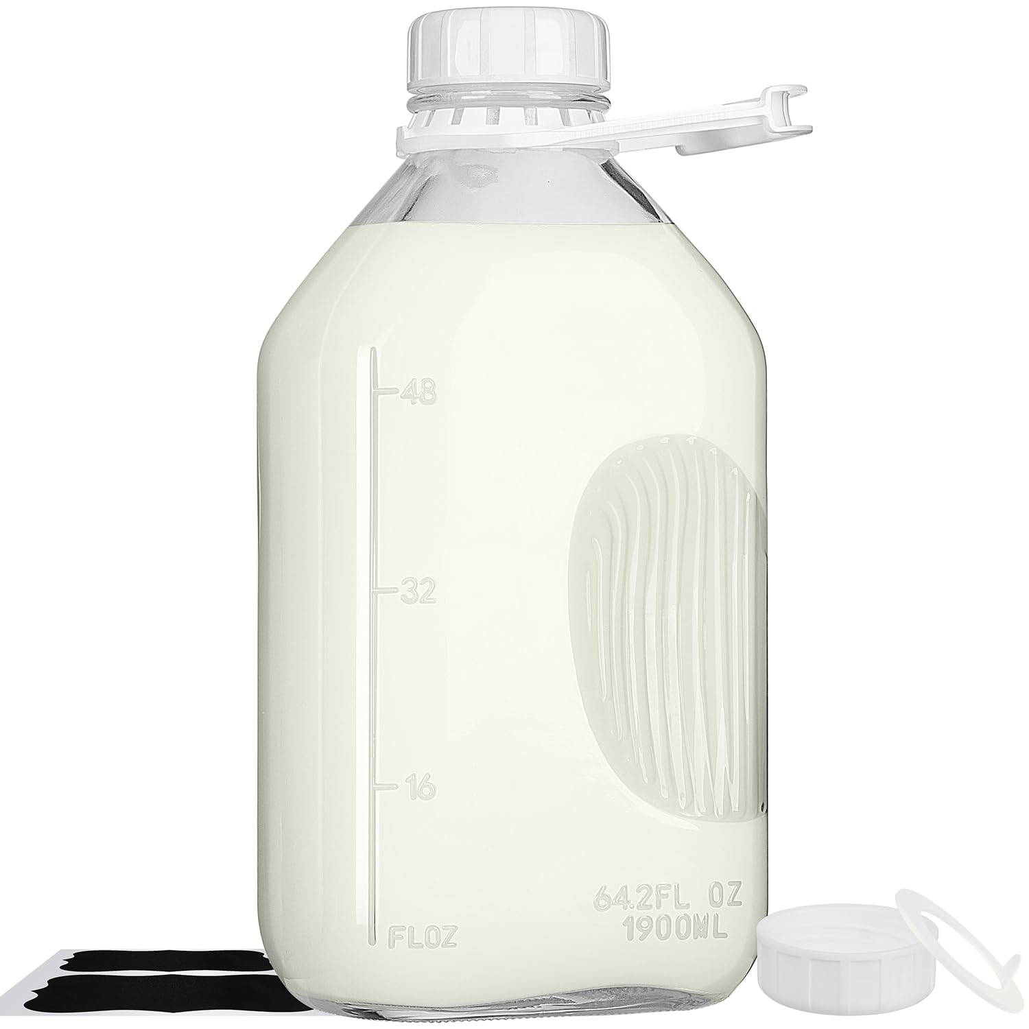 2 Qt Glass Milk Bottle with Reusable Strong Airtight SCREW LID, 64 Oz Glass Juice Bottles for Almond Milk, Oat Milk - 0.5 Gal Glass Water Bottle with 2 Exact Scale Lines, Extra Handle AND Capļ¼