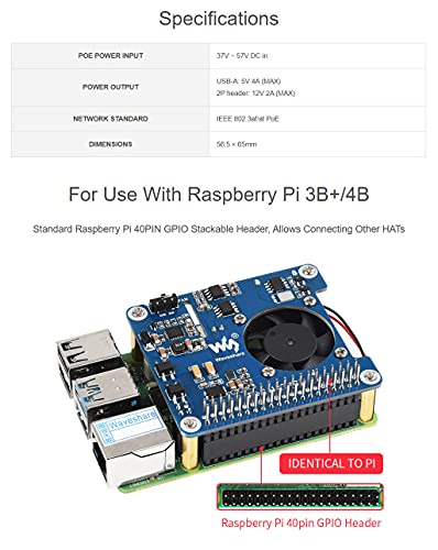 Waveshare Power Over Ethernet Hat (Type C) for Raspberry Pi 3B+/4B 802.3af/at Power-Sourcing Equipment Required