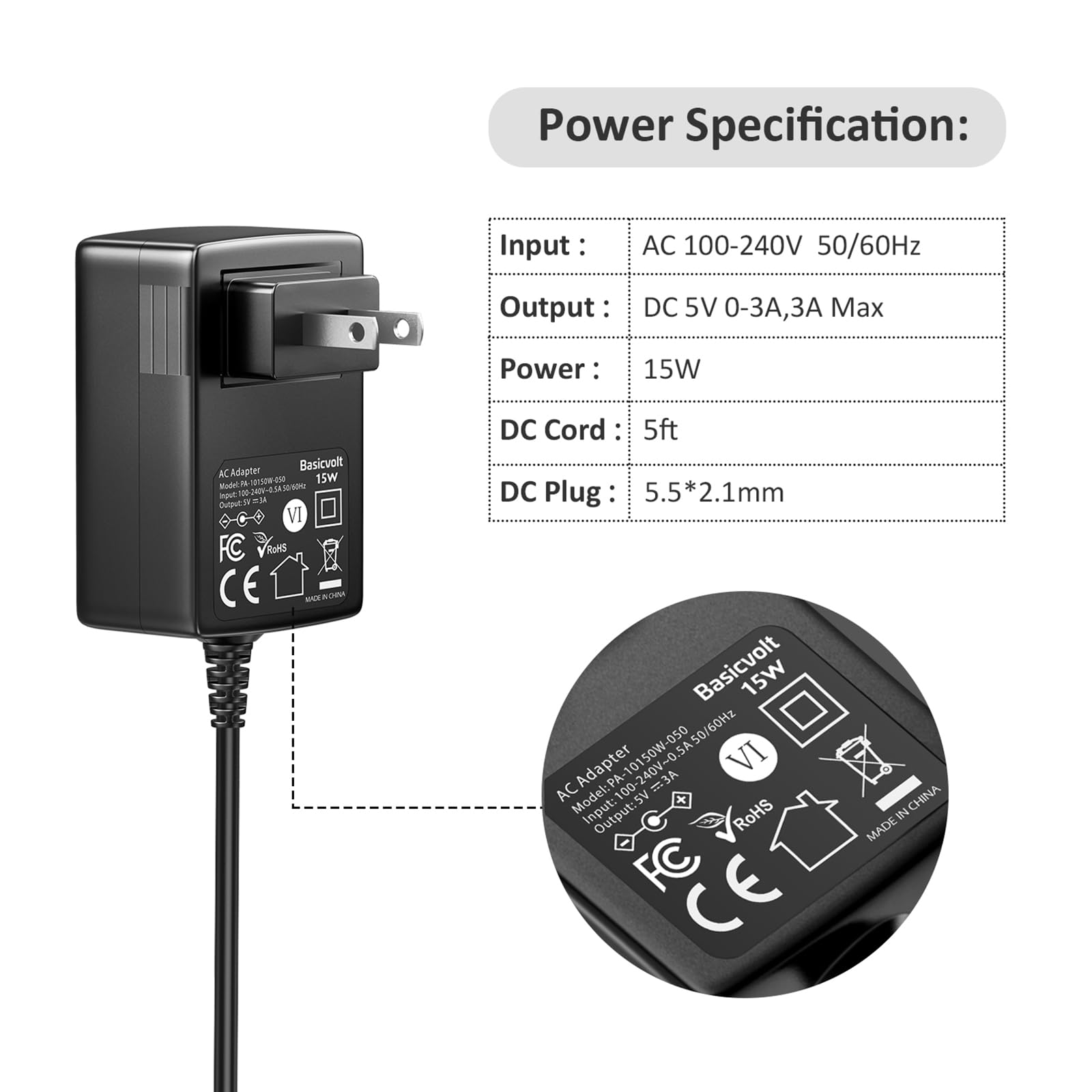 Basicvolt 5V 3A 2A 1A Power Supply DC 5v Power Adapter for TV Box Tablet Speaker GPS Webcam Router Alarm Clock and Replace More DC 5v Power Cord Charger