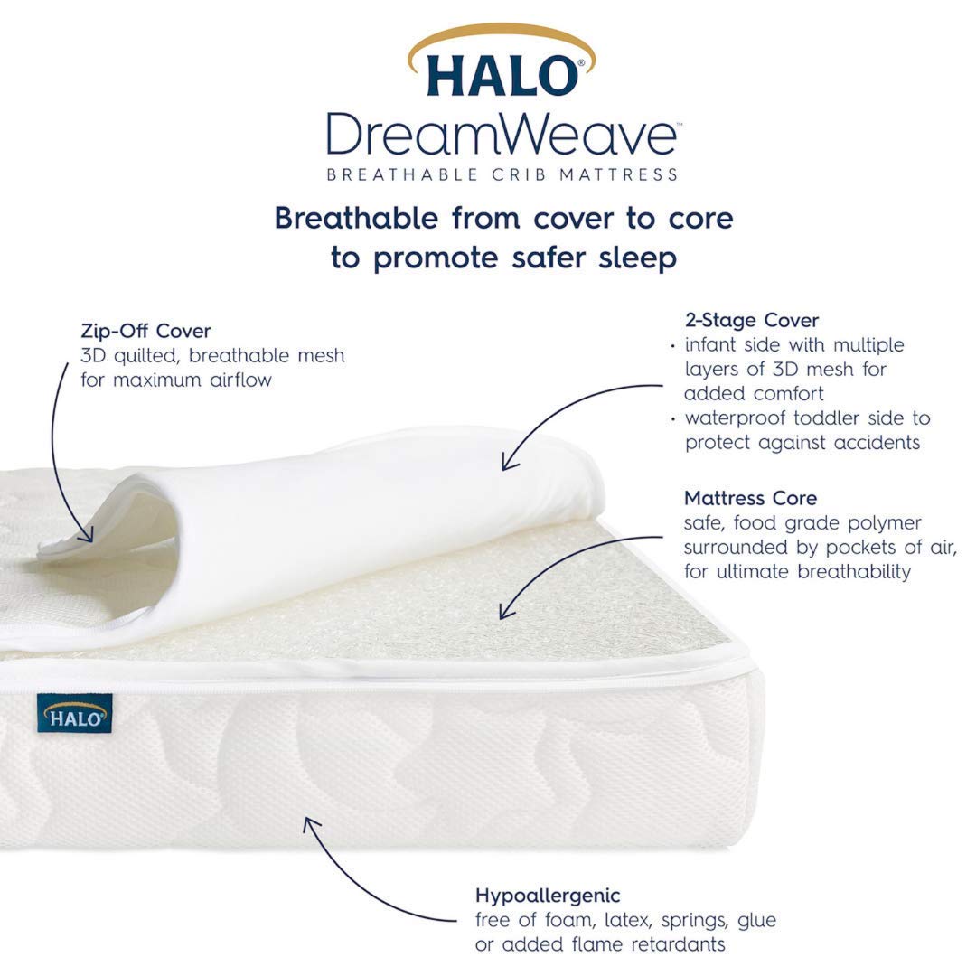 HALO DreamWeave Breathable Mesh Baby Crib Mattress and Aden + Anais Essentials Crib Sheets, White & Briar Rose