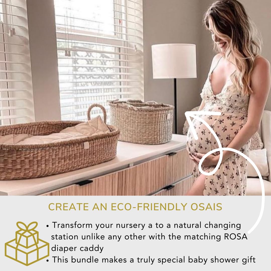 BEBE BASK Premium Baby Changing Basket - Artisan-Crafted Seagrass With Extra High Sides - Changing Basket for Baby Dresser - All Accessories Included - Complete Set for Nursery (Natural)