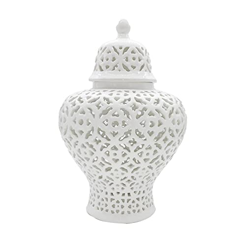 Galt International 19.5” Lattice Ginger Jar with Lid - Home Decor with Intricate Mediterranean Inspired Lattice Work - Living Room and Kitchen Decoration - 19.5” (White)