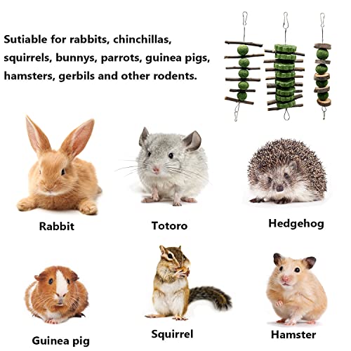 3 Pcs Bunny Teeth Grinding Chew Toys, Apple Branch Chewing Sticks with Grass Ball and Grass Cake for Rabbits Bunnies Hamsters Guinea Pigs