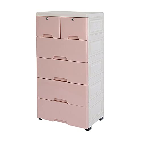 6 Drawer Plastic Dresser Storage Tower, Organizer Unit Stable Cart on Wheels Waterproof Plastic Cabinet with Locked Drawer for Bedroom Apartment (Pink)