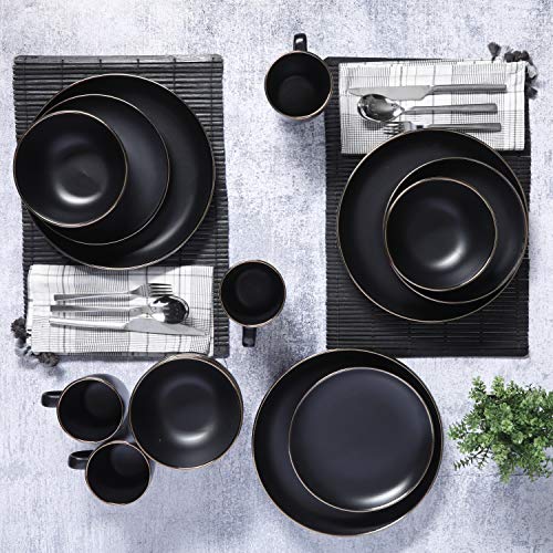 Gibson Home Rockaway Round Stoneware Dinnerware Set, Service for 4 (16pcs), Black/Gold Rim
