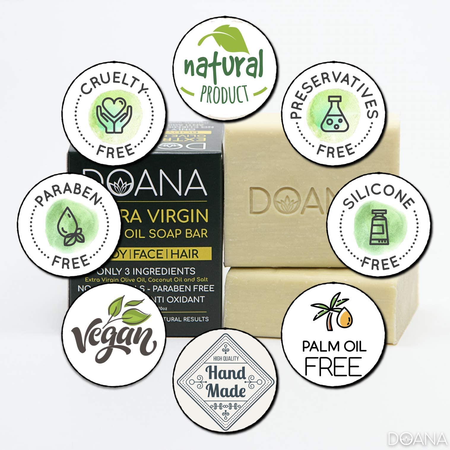 Doana Olive Oil Soap Bar, 250gr / 8oz. Unscented, Artisan Cold Processed With Coconut Oil, Facial & Body Cleansing (2 Bars). Only 3 Ingredients
