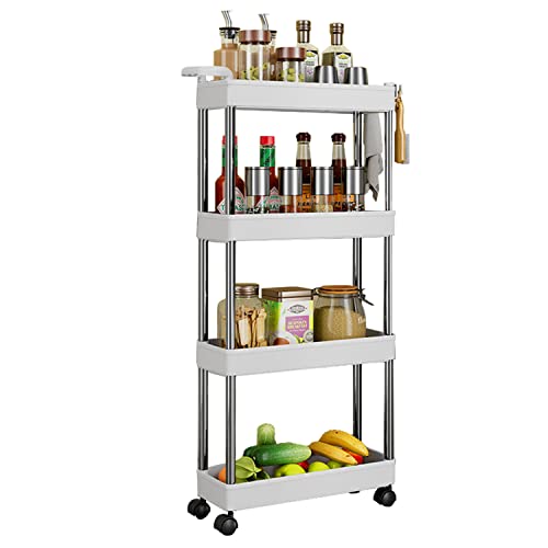 4 Tier Slim Rolling Storage Cart,Laundry Room Organization Rolling Utility Cart Slide Out Storage Shelves Mobile Shelving Unit Organizer for Office Kitchen Bathroom Laundry Narrow Places(White,Slim)