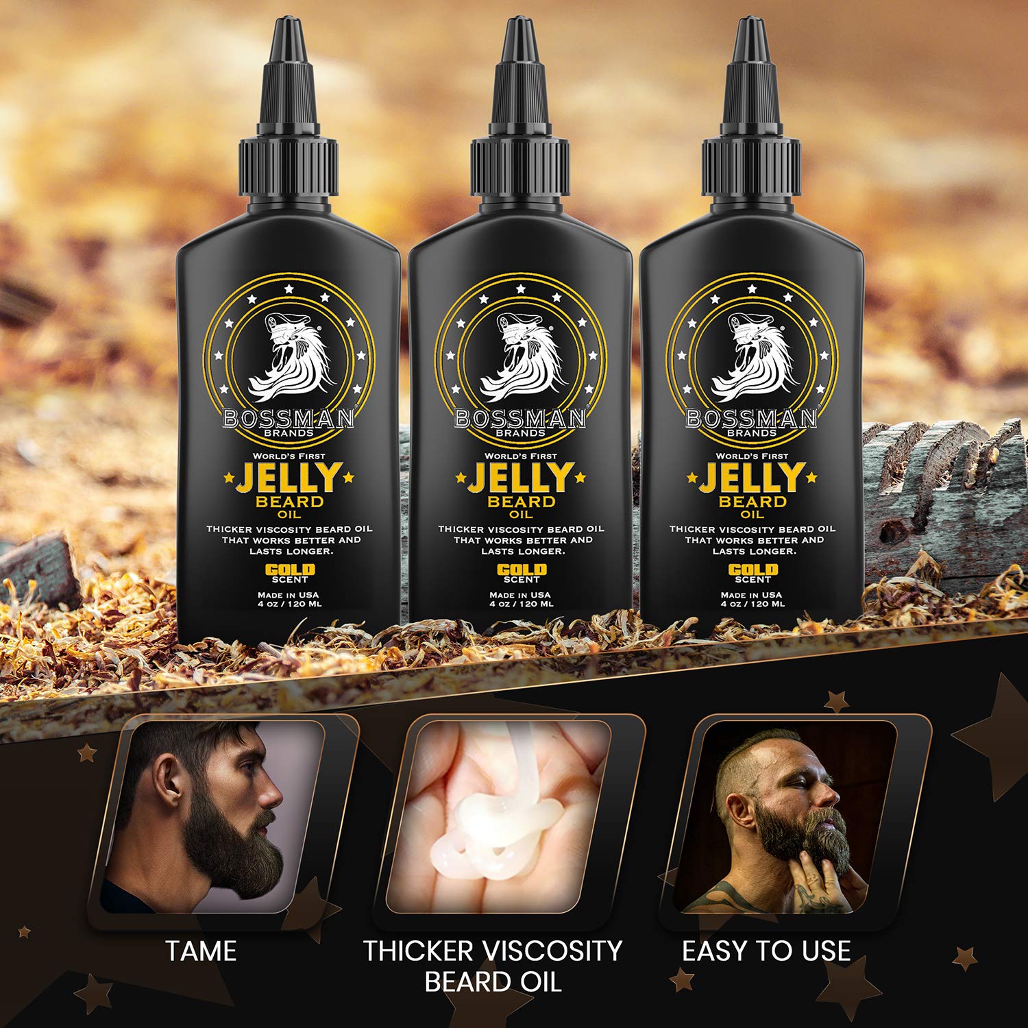 Bossman Beard Oil 4oz, Thicker consistency Jelly - Made in USA - Longer Lasting - Bigger Bottle - Natural Ingredients - Non Greasy - 3 Pack (Gold)
