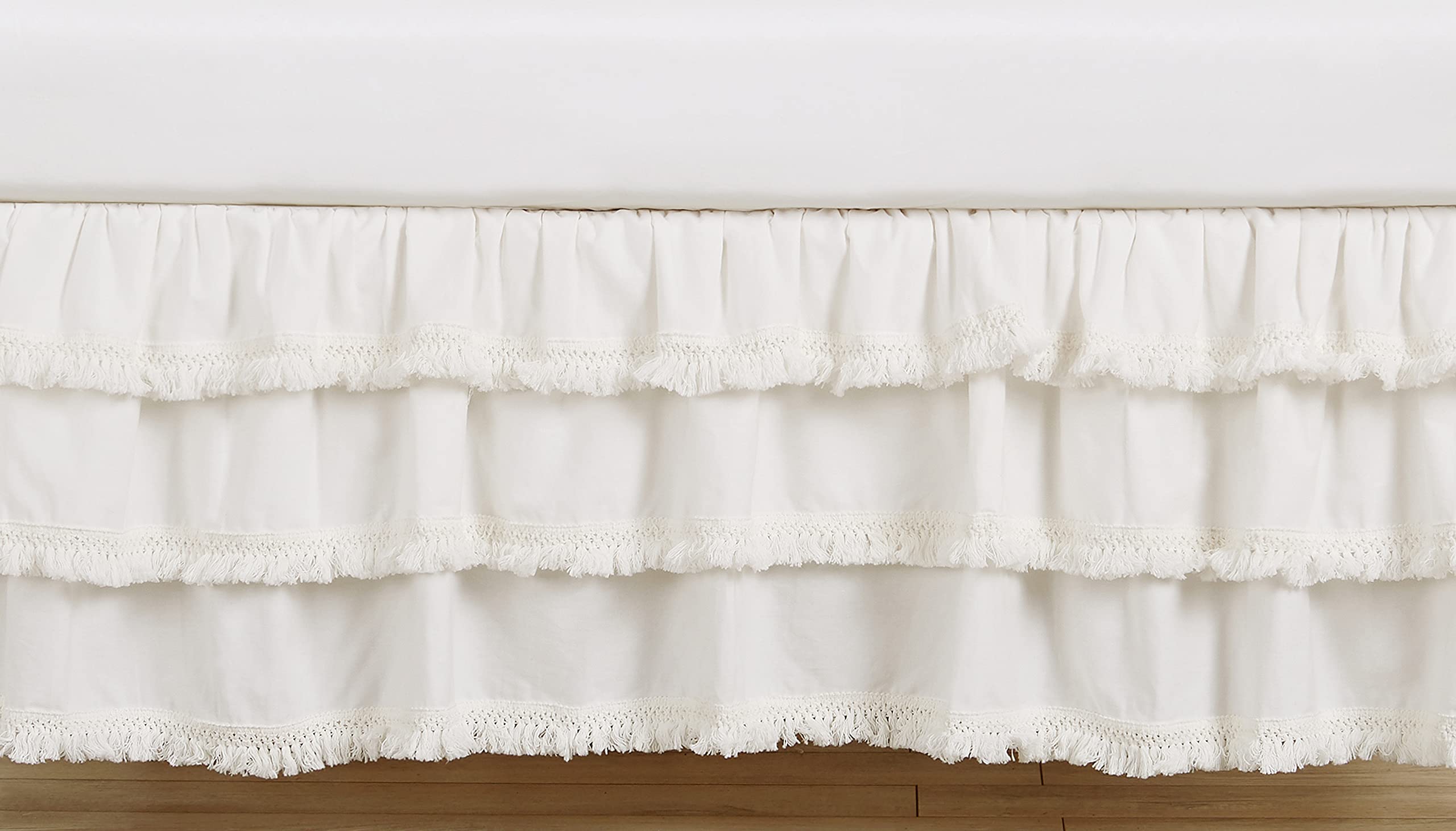 Sweet Jojo Designs Ivory Boho Bohemian Girl Baby Nursery Crib Bed Skirt Dust Ruffle - Neutral Solid Color Beige Cream Off White Farmhouse Chic Minimalist Tassel Fringe Macrame Cotton Ruffle