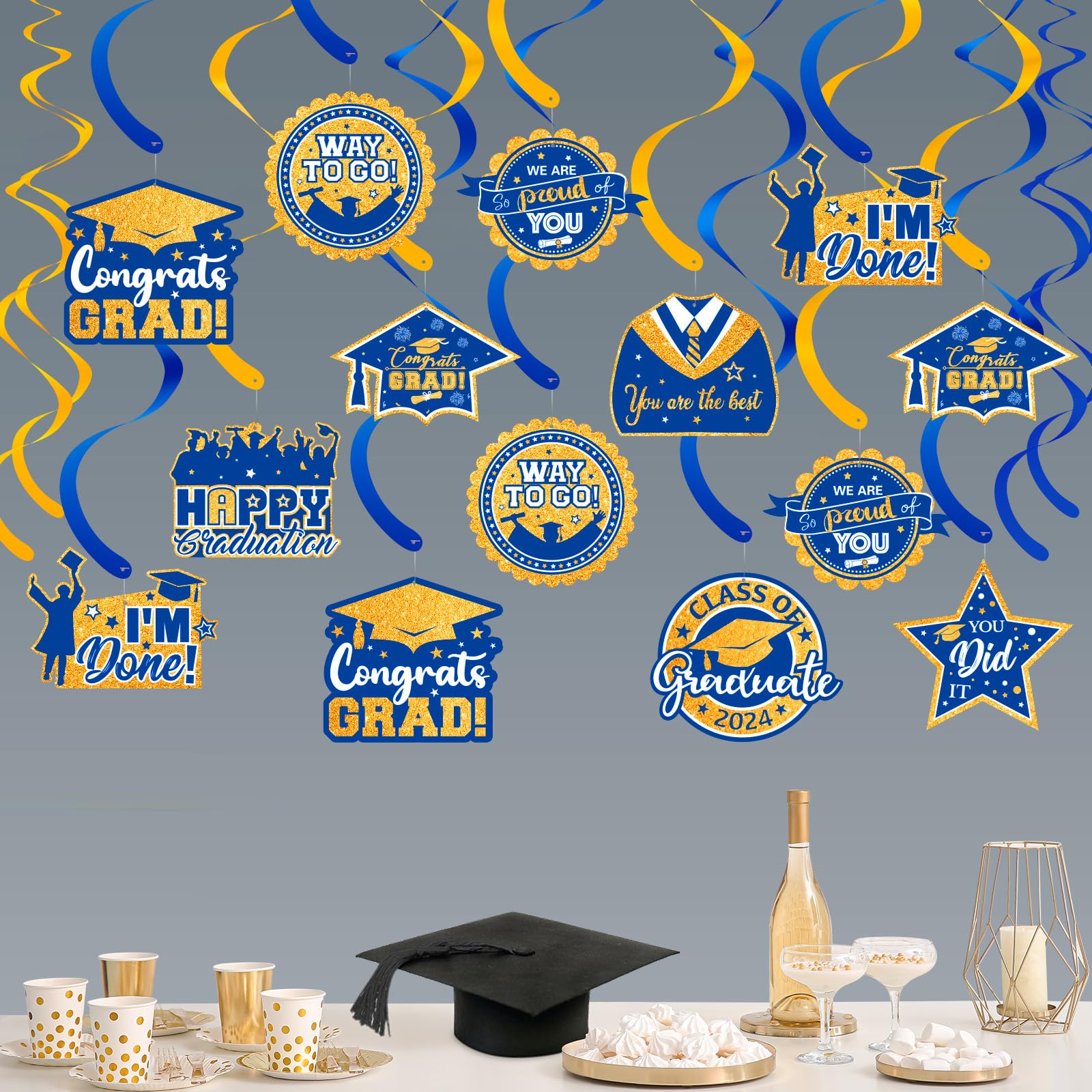 20 Pack Graduation Party Decorations 2024 - Congrats Grad Hanging Decoration, Blue Gold Glittery Graduation Hanging Swirls Ceiling Streamers Ornaments for Class of 2024 Graduation Decorations Favors