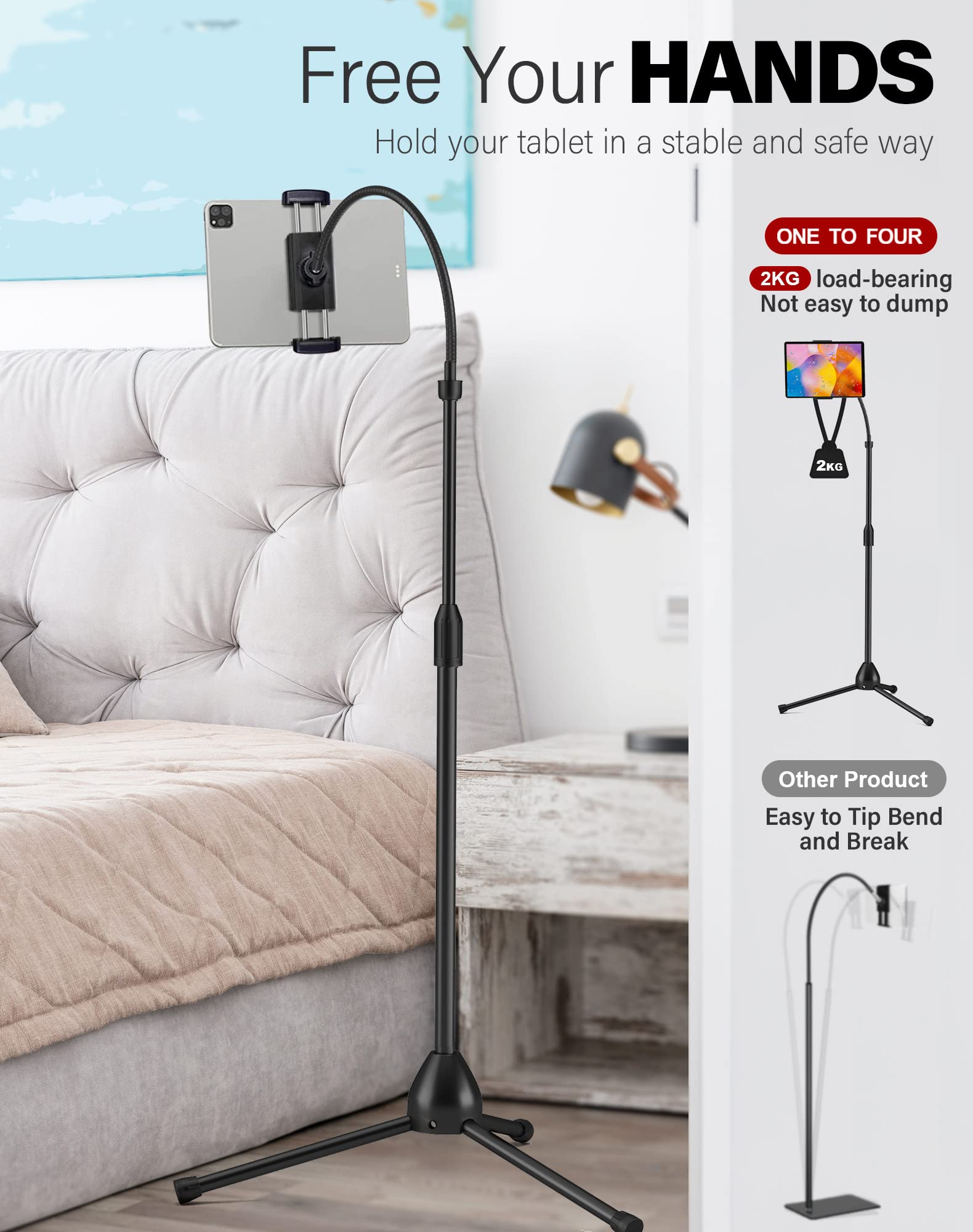 ONE TO FOUR Phone Tripod Stand, 69" Height Adjustable Gooseneck Tablet Floor Stand, Tall Stand with 360 Swivel, Extended iPad Stand Holder for All Mobile Phones, Tablet, iPhone, iPad (3.5-12.5in)