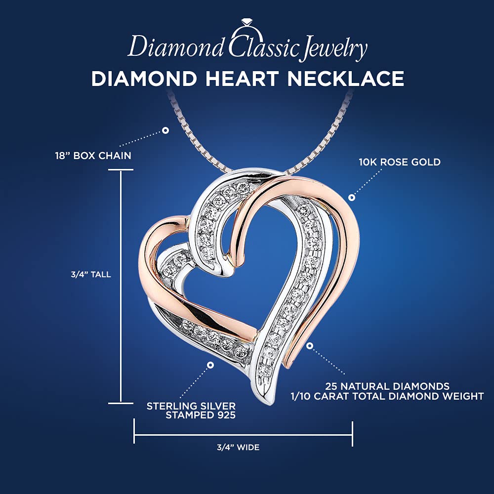 14kt Solid Rose Gold and Sterling Silver Diamond Double Heart Pendant Necklace 1/10 cttw Natural Diamonds - 18 Inch BoxChain
