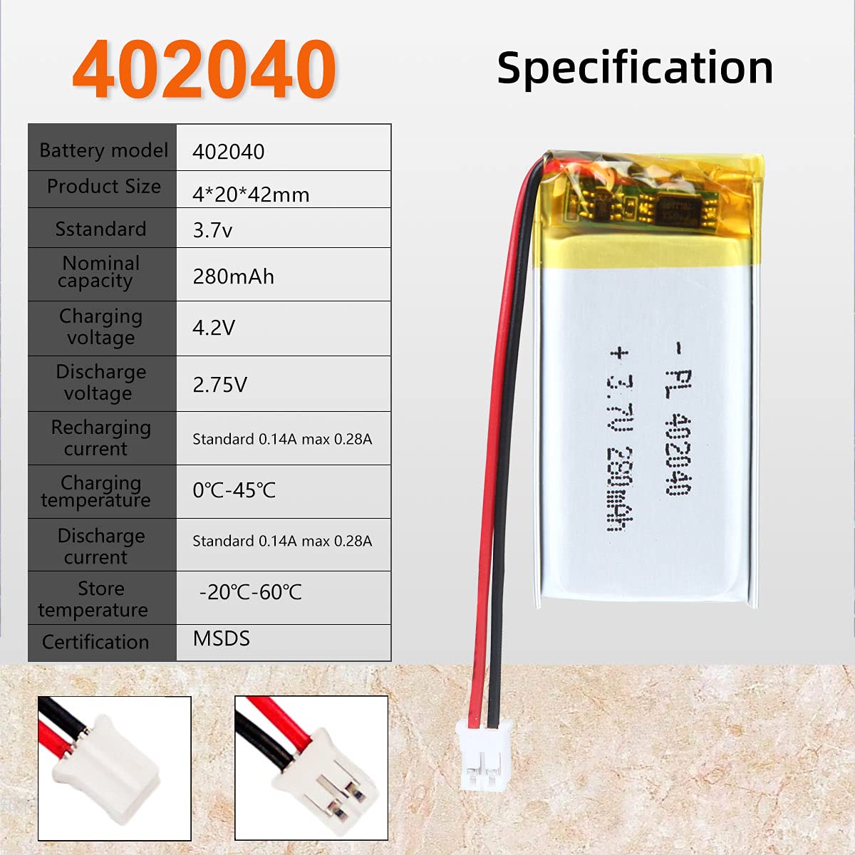 AKZYTUE 3.7V 402040 280mAh Lipo battery Rechargeable Lithium Polymer ion Battery Pack with PH2.0mm JST Connector