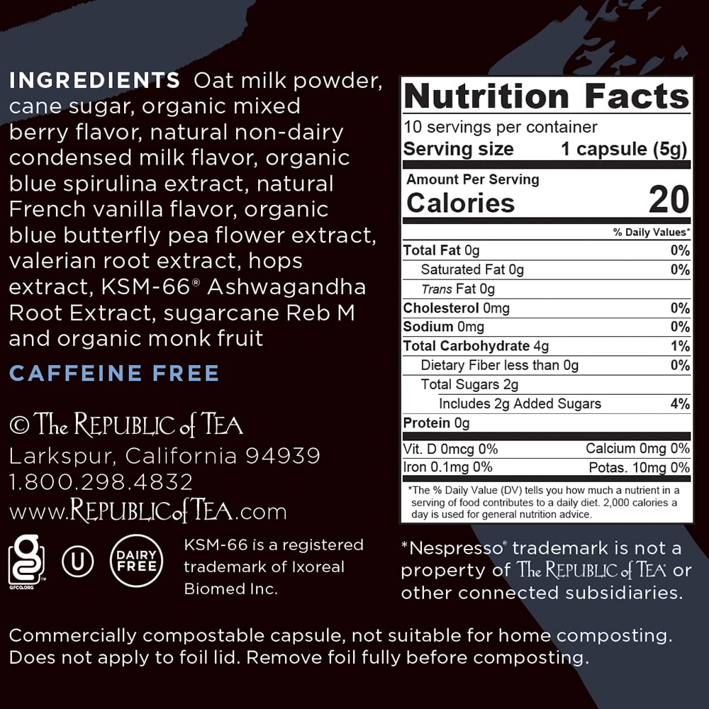 The Republic of Tea โ Dream Latte Herbal Tea Latte Capsule-Compatible Recyclable Pods, 10 count, Caffeine Free
