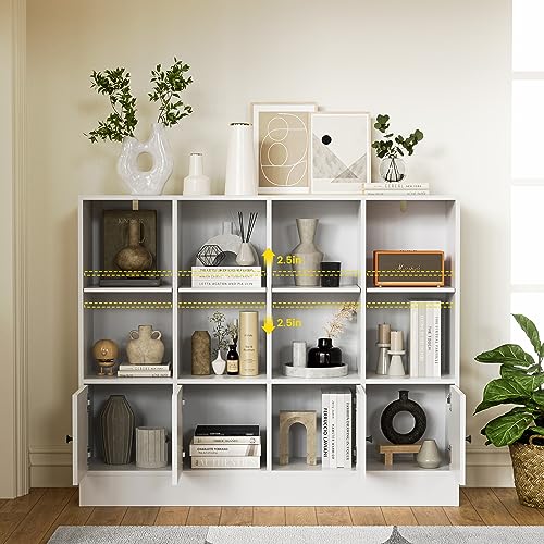 Anystyle White 12 Cube Bookshelf, 3-Tier Bookcase Storage Cabinet with 4 Doors for Bedroom, Living Room