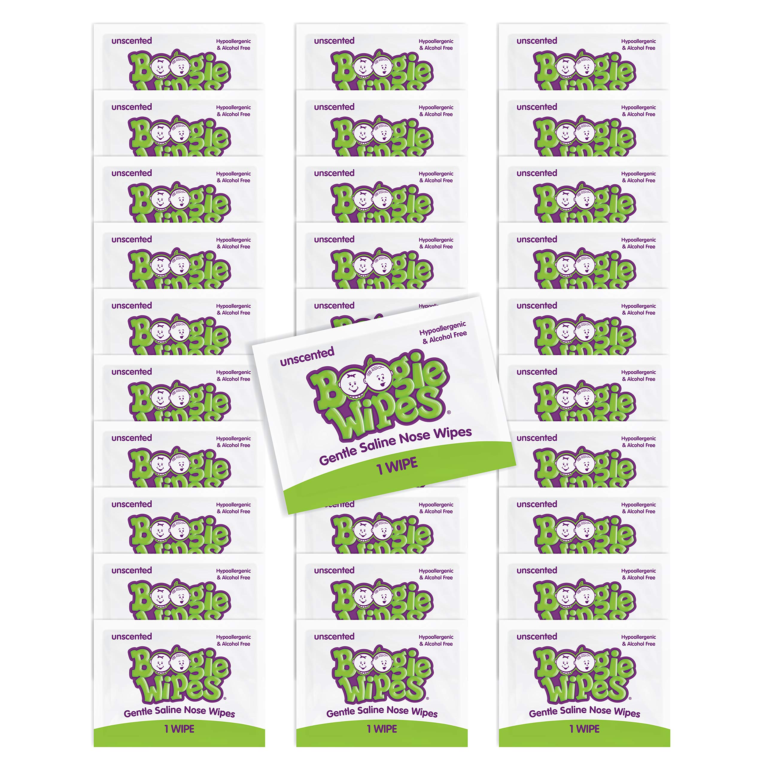 Hand, Face and Nose Wet Wipes for Kids and Baby, Boogie Wipes Single Packs, Unscented, Wipes Away Dirt and Germs, Natural Saline Tissue with Aloe, Chamomile and Vitamin E, 1 Count, Pack of 30