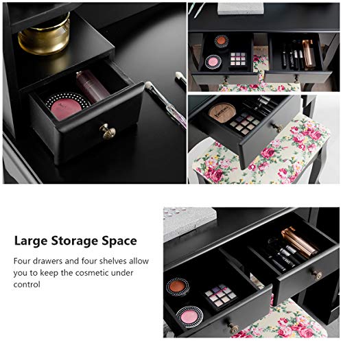 CHARMAID Vanity Set with 4 Storage Shelves and 4 Drawers, Makeup Table with 360° Pivoted Round Mirror and Makeup Organizers, Dressing Table with Mirror and Cushioned Stool for Women Girls (Black)