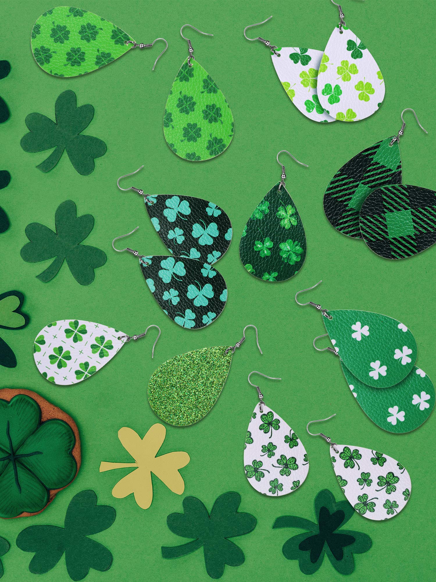 16 Pairs St. Patrick's Day Shamrock Dangle Earring Faux Leather Clover Drop Earrings Green Plaid Teardrop Earrings