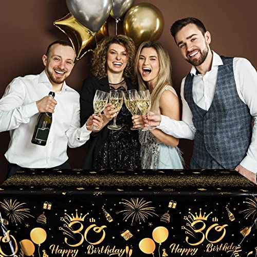 3 Pack 30th Happy Birthday Tablecloth Disposable Plastic 30th Birthday Table Cover Rectangular Black and Gold Table Cloths for Parties Decoration Supply for Men Women Birthday, 54 x 108 Inch(30th)