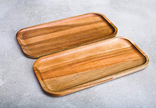Dstuff Wood Serving Platter Tray Plate, Bathroom Vanity Tray, Wooden Steak Plates, Set of 1 Small Wood Tray + 30 Paddle Picks, Solid Natural Rectangular Acacia Board for Food Party Cheese Appetizer,