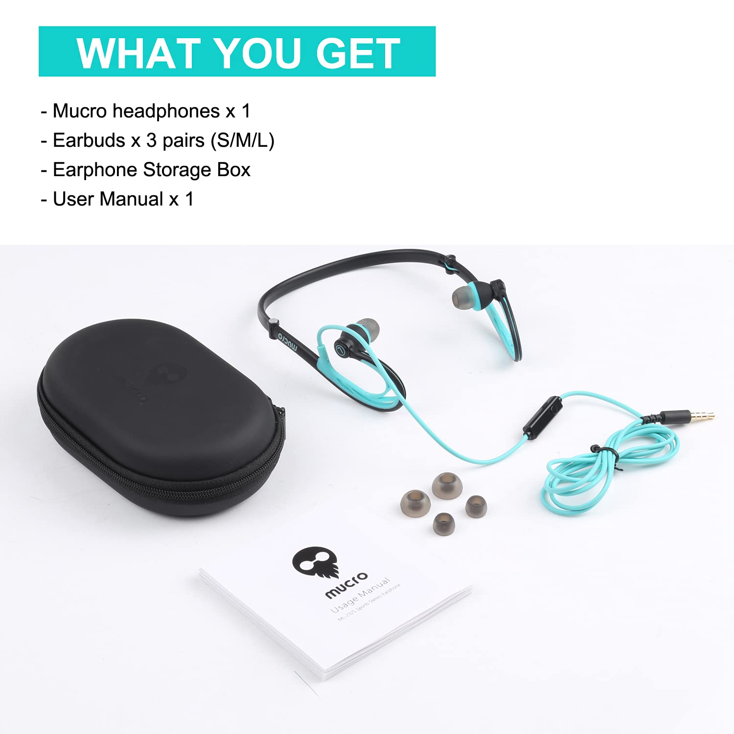 Mucro Sport Earbuds Wired Neckband Headphone Over The Ear Wrap Around Earphones Foldable Stereo Ear Buds for Night Running Gym Workout
