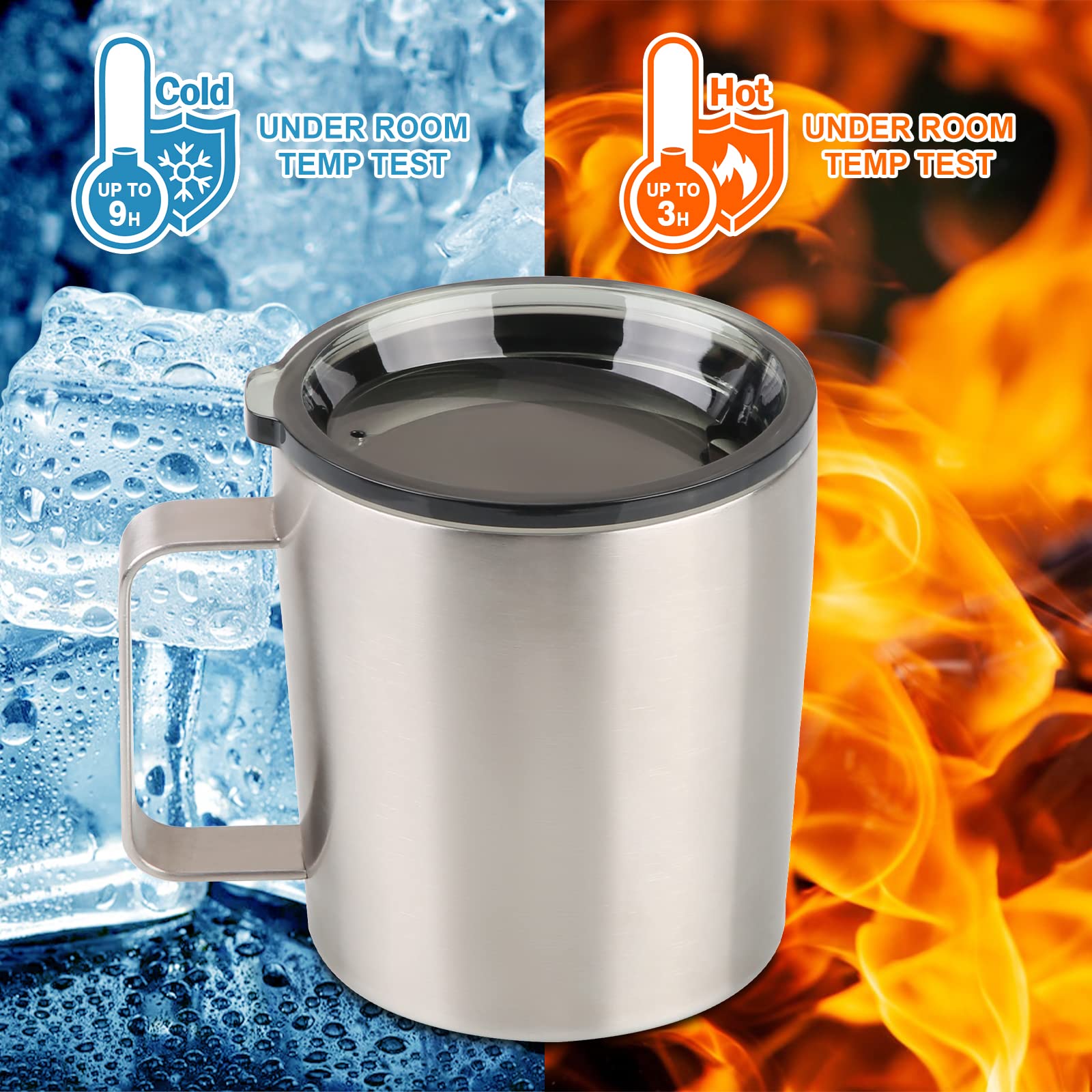12 oz Insulated Coffee Mug with Lid, Stainless Steel, Double Wall Vacuum Insulated Travel Mug Coffee Cup with Handle, Stainless Steel/Silver (803-019)