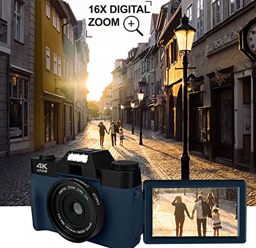 Acuvar 4K 48MP Digital Camera for Photography, Vlogging Camera for YouTube with 3’’ 180° Flip Screen, WiFi, 16X Zoom, Rechargeable Battery, 64GB Micro SD Card, 6 PC Card Holder, USB Card Reader (Navy)