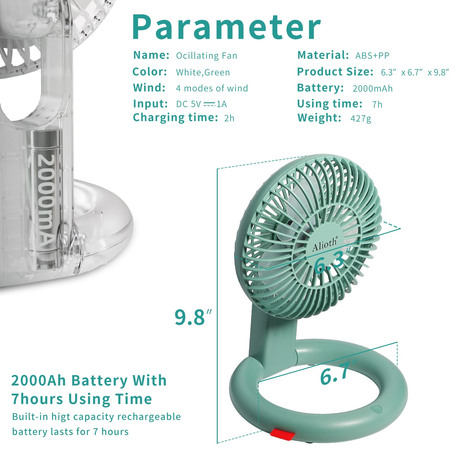 Alioth Portable Desk Fan, Personal Fan,Foldable and Rechargeable, 3 Speeds Super Quiet Battery Operated Fan for Office, Home, Outdoor (White)