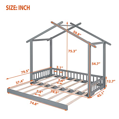 AOCOROE House Bed Frame Twin/King Bed Frame for Boys and Girls, Wood Extending Twin to King Extendable Playhouse-Design Montessori Floor Bed Platform Bed Frame with Trundle