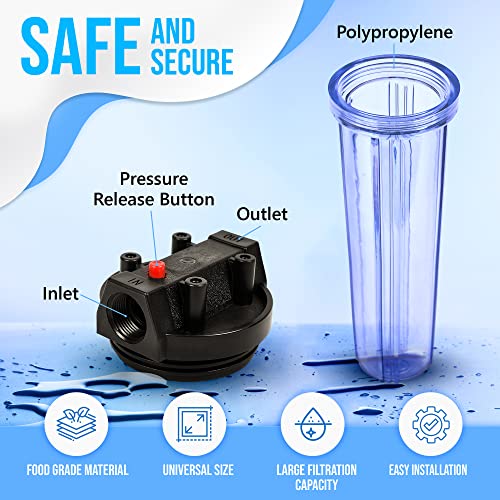 20 x 2.5-Inches Transparent Slim Whole House Water Filter Purifier System with Presser Relief Button, 1β Inlet/Outlet Port & Yearly Supply (3) Coconut Shell Activated Block Carbon Cartridges 5 Micron