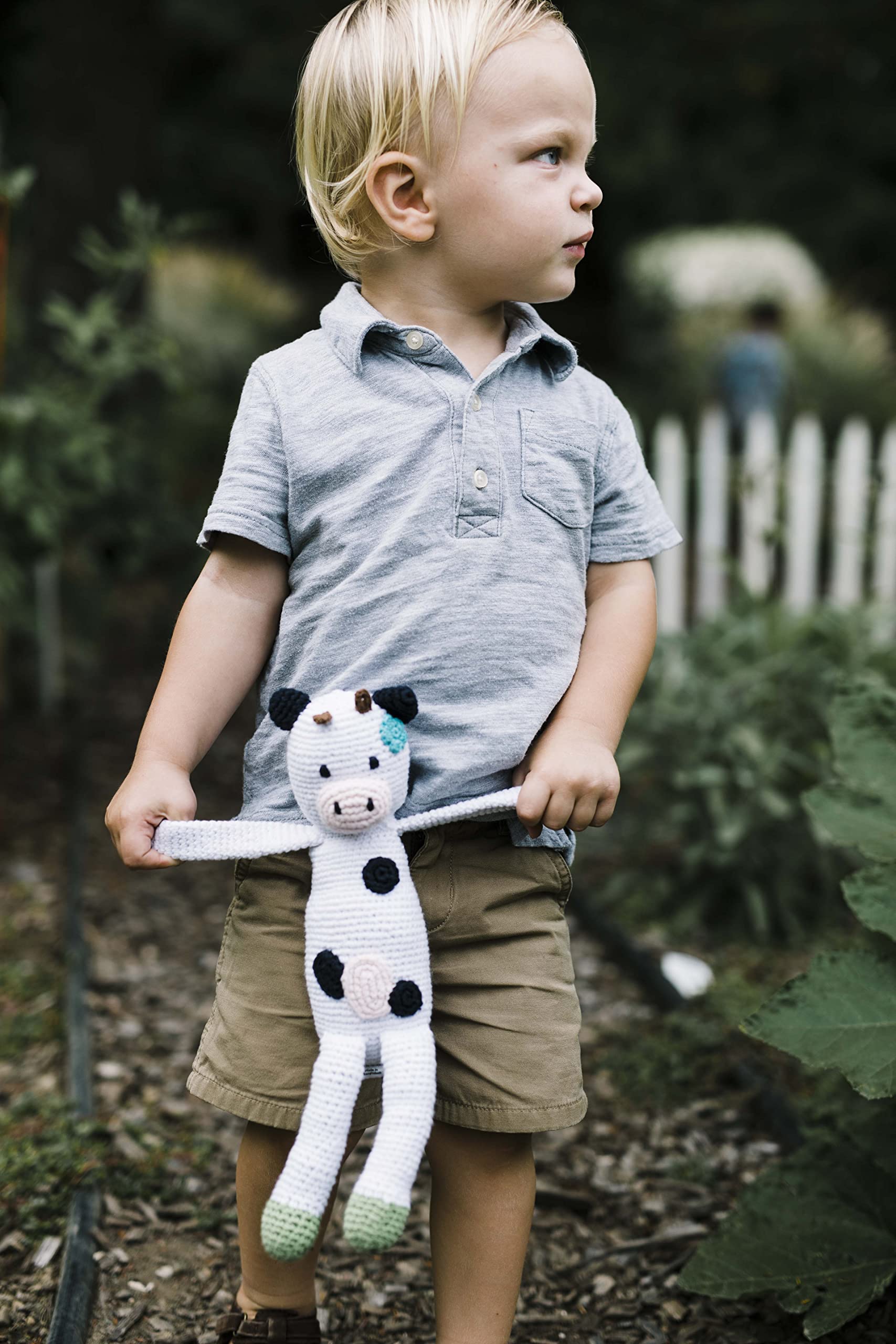 Pebble Fair Trade Handmade Crochet Cotton Farm Animal - Cow Rattle, 12-inch Length