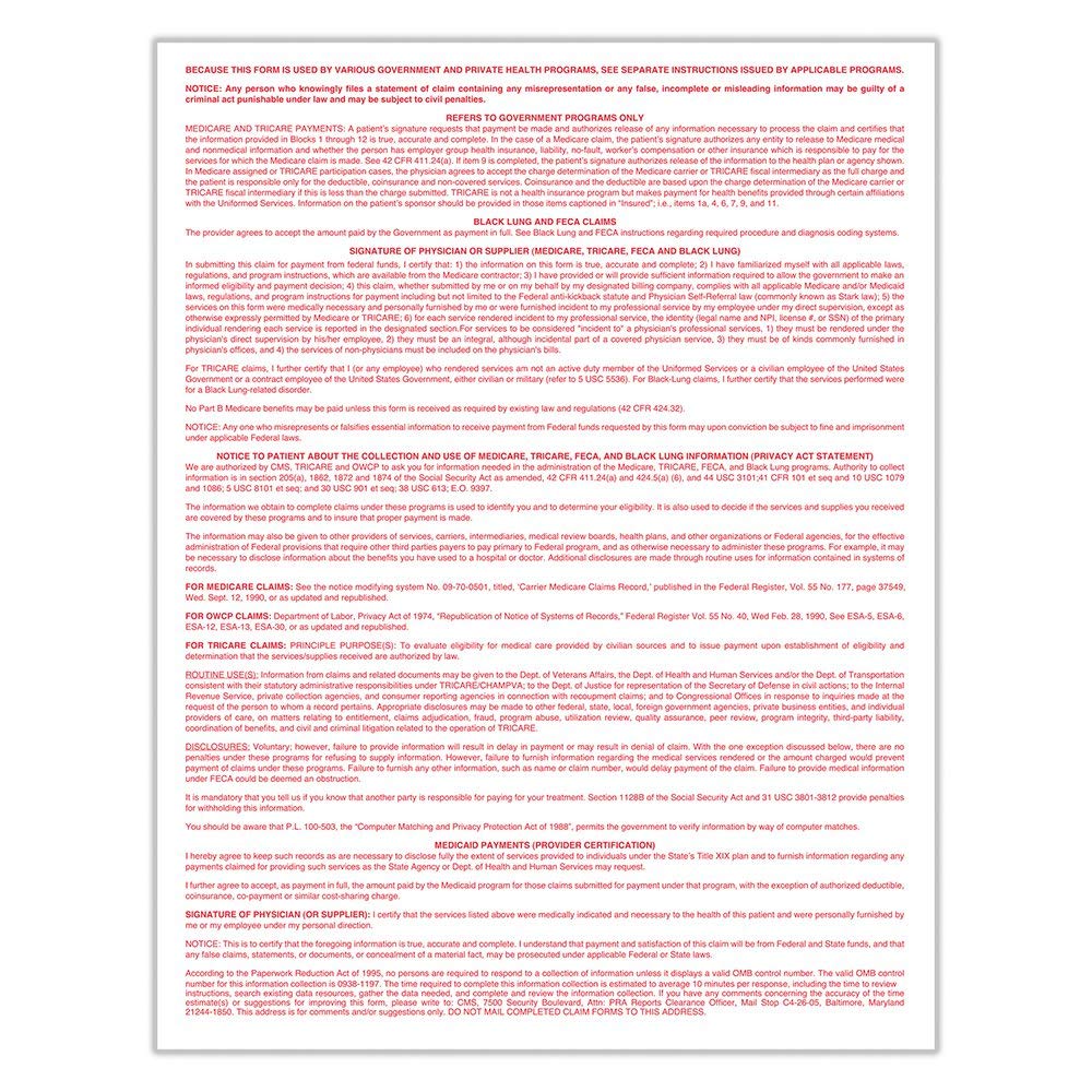 ComplyRight CMS 1500 Healthcare Billing Form | 8.5 x 11 | Medical Billing | Pack of 500