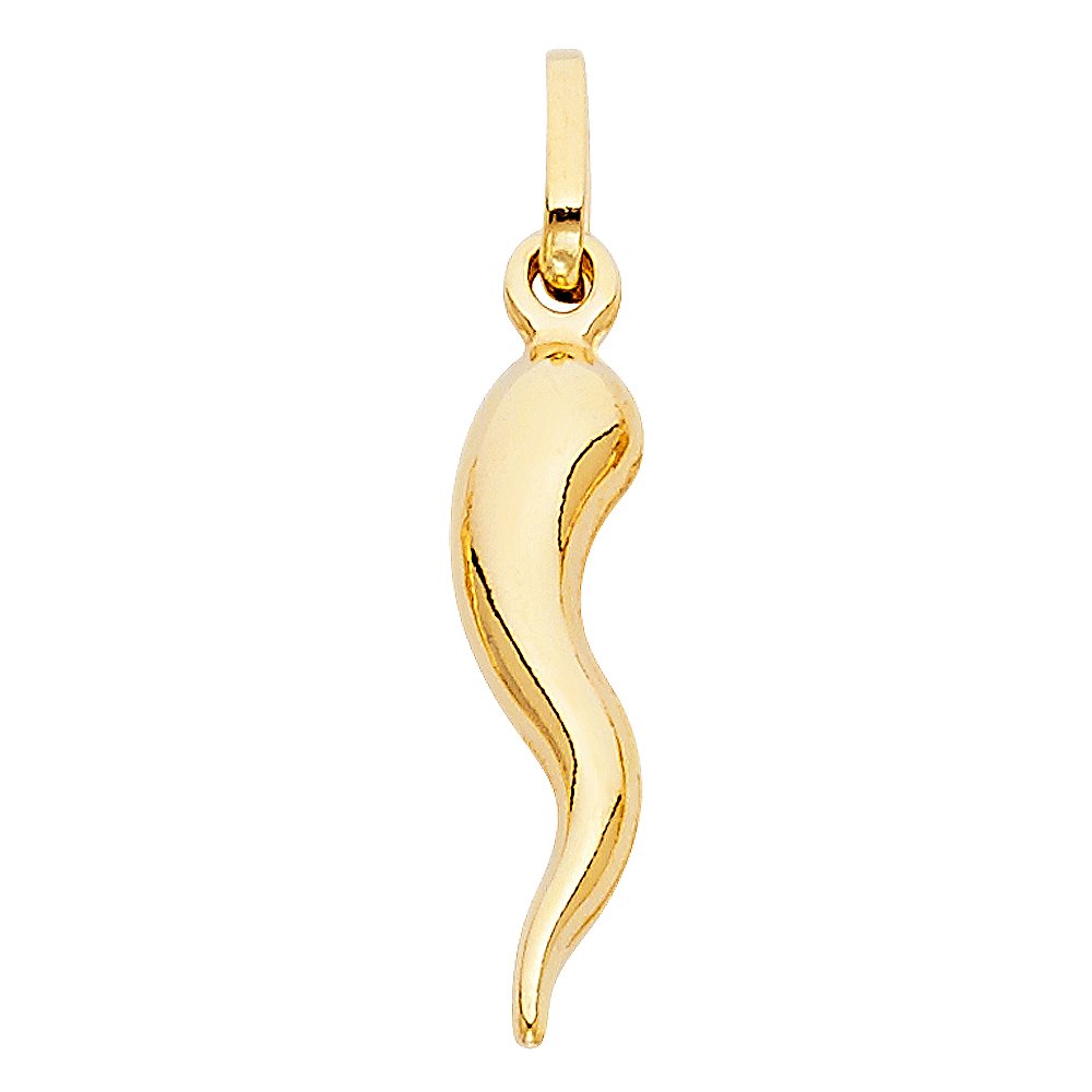 14K Yellow Gold Cornicello Italian Horn Necklace Good Luck Charm Pendant with 1.9mm Figaro 3+1 Chain - 16"