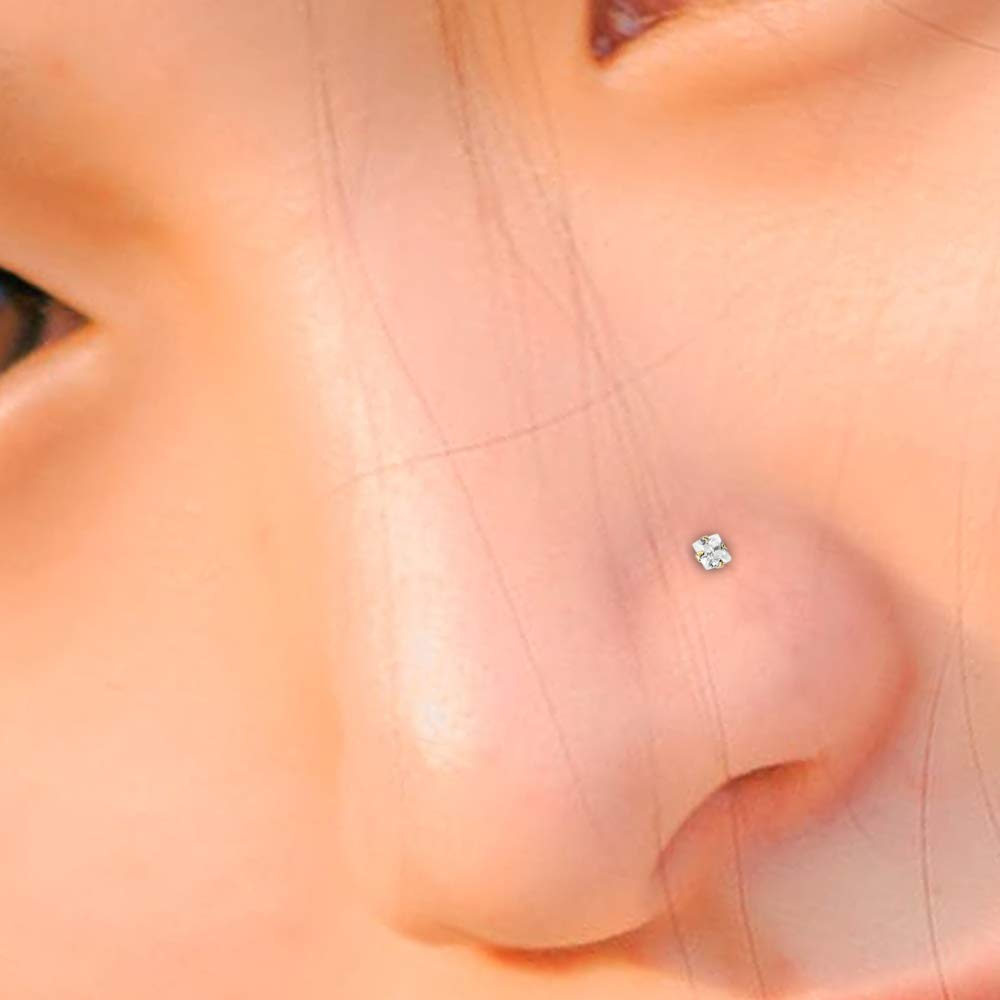 14K Yellow Gold Prong Set 2.5MM Square CZ Stone 20 Gauge Nose Screw Piercing Jewelry