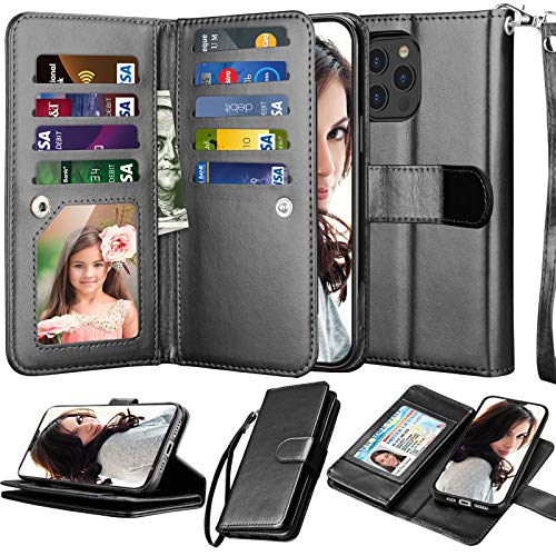 NJJEX Compatible with iPhone 12 Mini Case/iPhone 12 Mini Wallet Case 5.4" (2020), [9 Card Slots] PU Leather ID Credit Holder Folio Flip [Detachable] Kickstand Magnetic Phone Cover & Lanyard [Black]